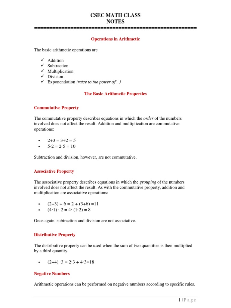 Math Class Notes - Arithmetic, Fractions and Decimals | PDF