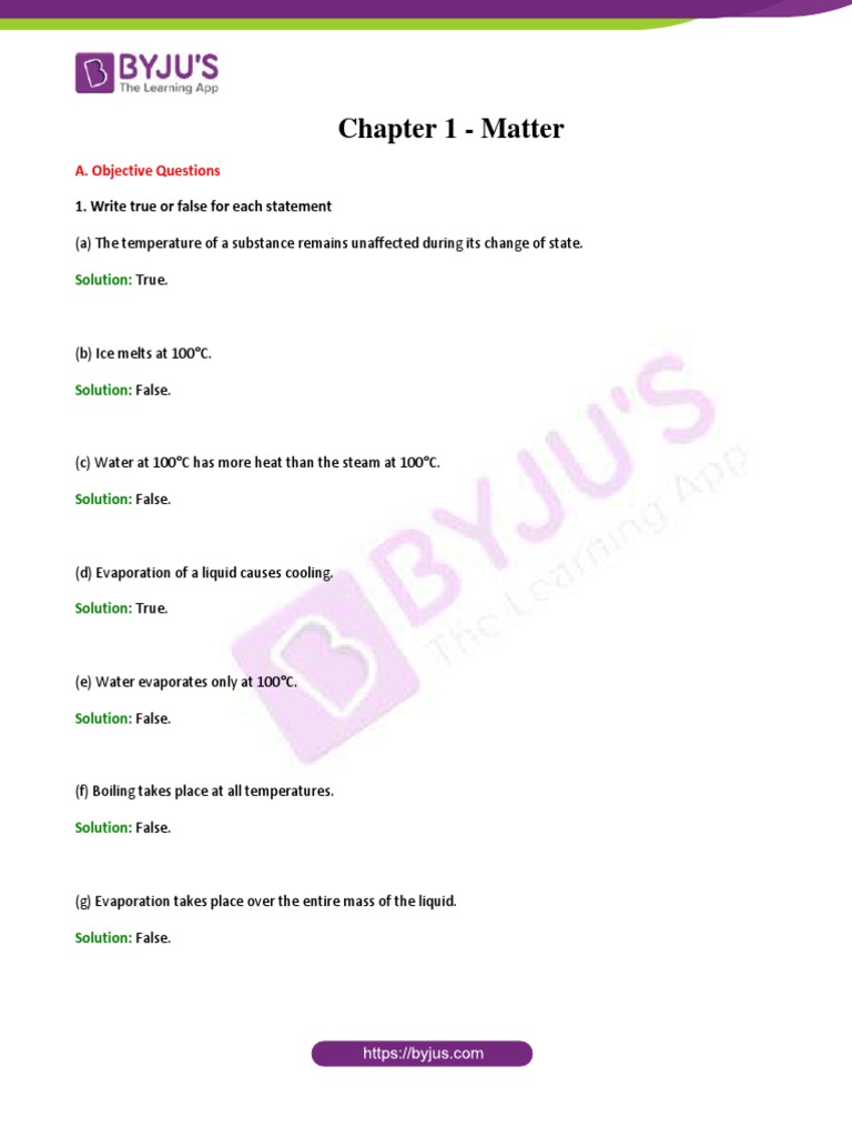Class 8 ICSE Physics: Matter Quiz Solutions | PDF