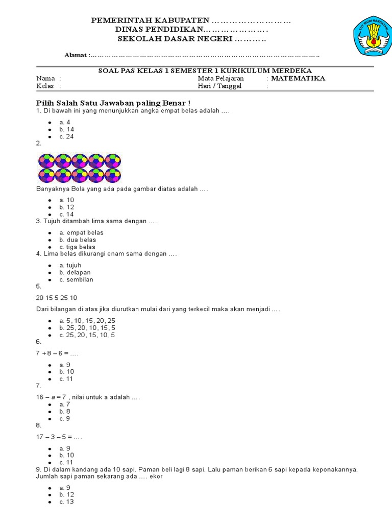 Soal PAS MTK KLS 1 Sem 1 | PDF