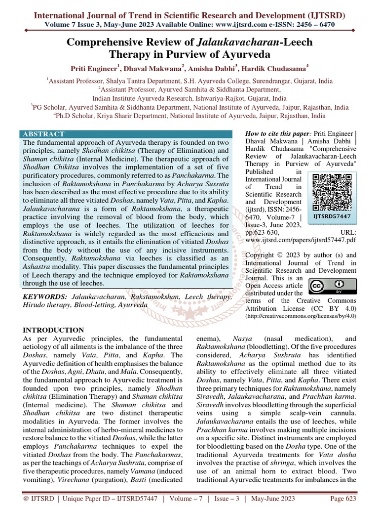 Comprehensive Review of Jalaukavacharan Leech Therapy in Purview of ...