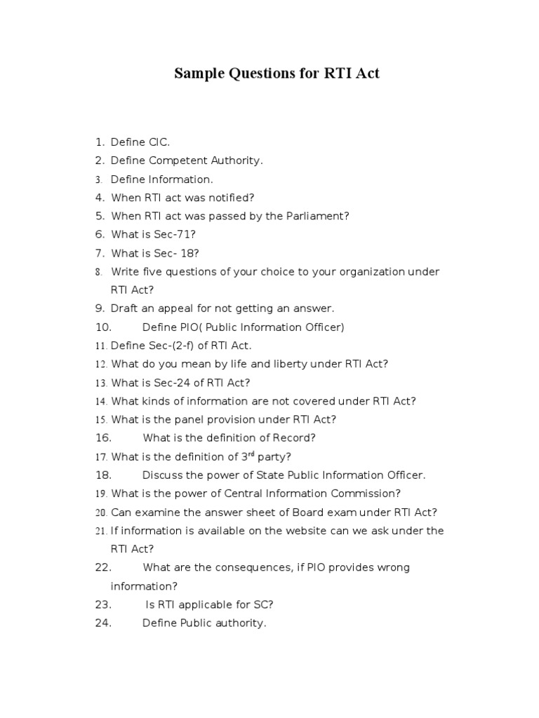 Sample Questions For RTI Act | PDF | U.S. Securities And Exchange ...
