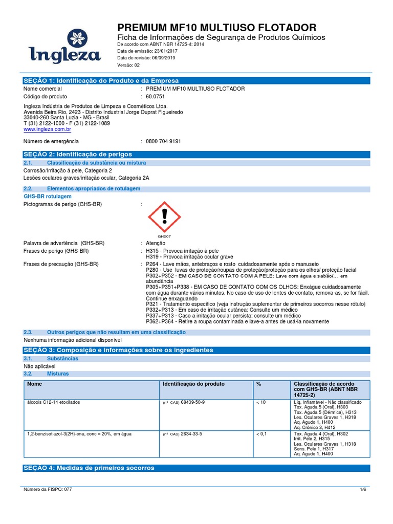 FISPQ - 077 - PREMIUM MF10 MULTIUSO FLOTADOR Rev 02 | PDF