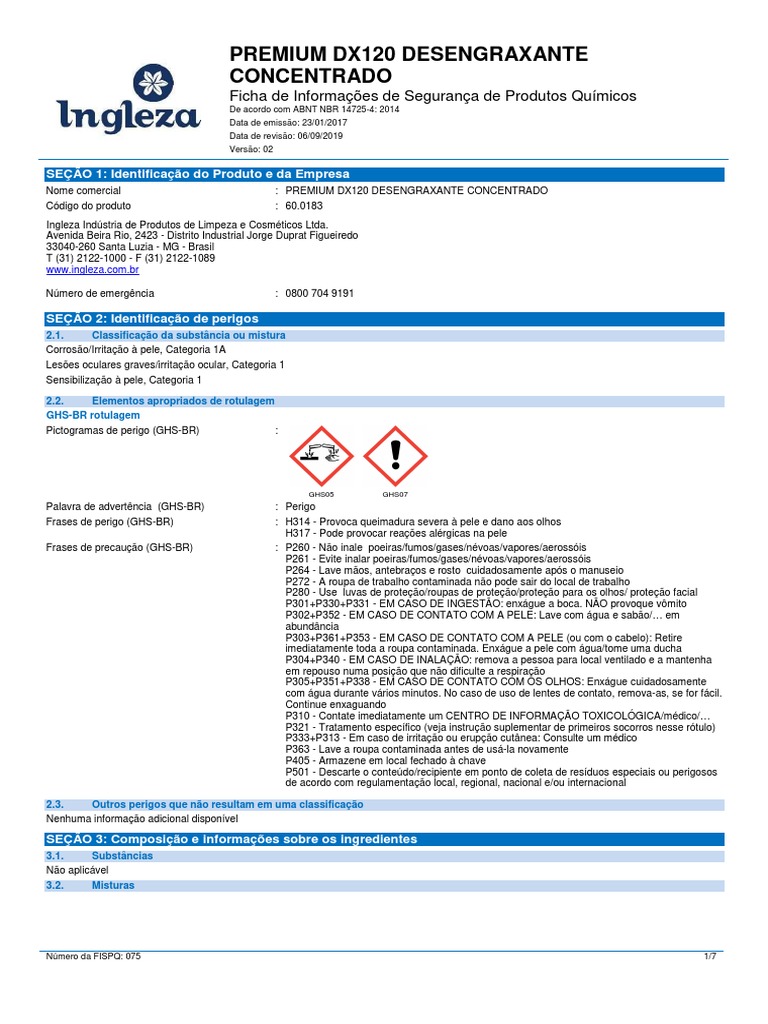 FISPQ - 075 - PREMIUM DX120 DESENGRAXANTE CONCENTRADO Rev 02 | PDF | Química
