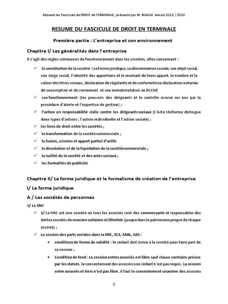 Resume Du Fascicule de Droit en Terminale | PDF