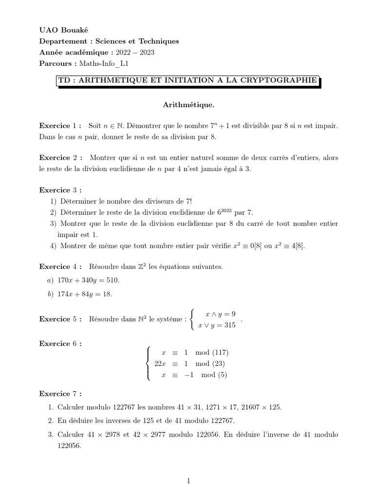 TD - Arithmetique Et Initiation À La Cryptographie - L1-1 | PDF