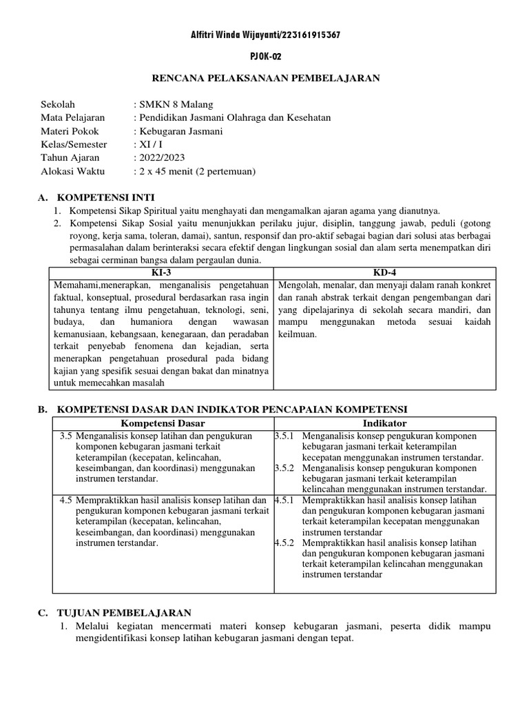 RPP Kebugaran Jasmani Kelas XI | PDF