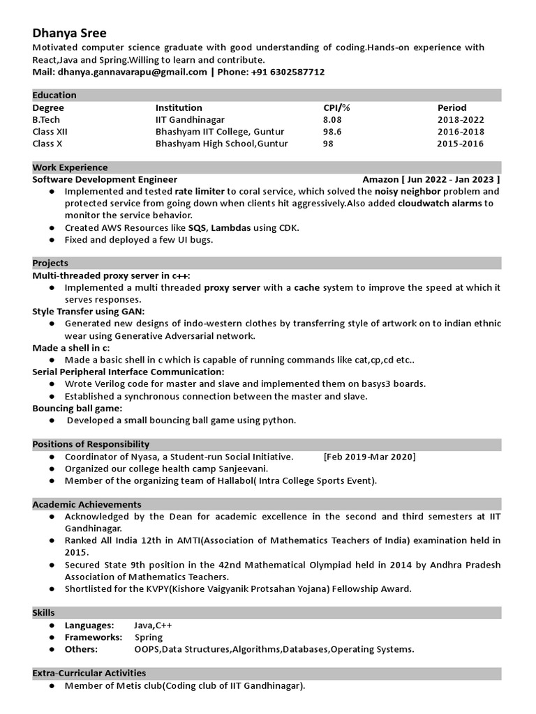 Dhanya Resume Pdf Computing Computer Science