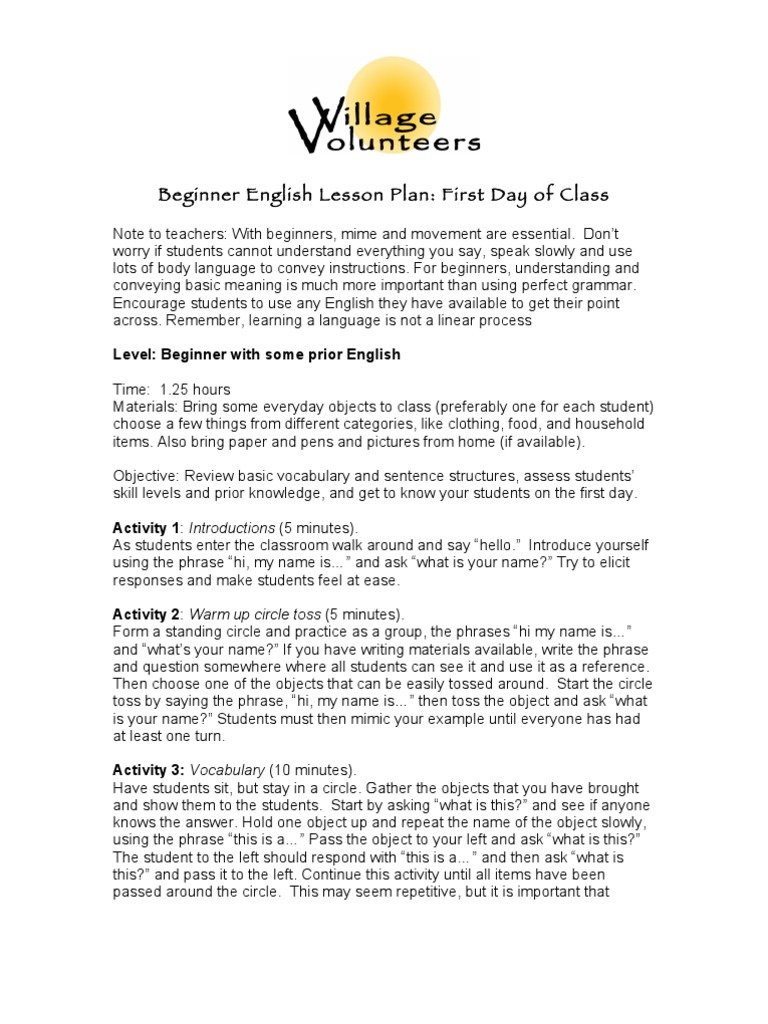 Esl Beginner Lesson Plan | PDF | Lesson Plan | Phrase