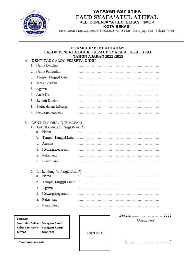A.3.1 Formulir Pendaftaran Paud TK KB | PDF