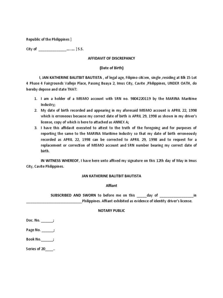 Affidavit of Discrepancy Date of Birth | PDF