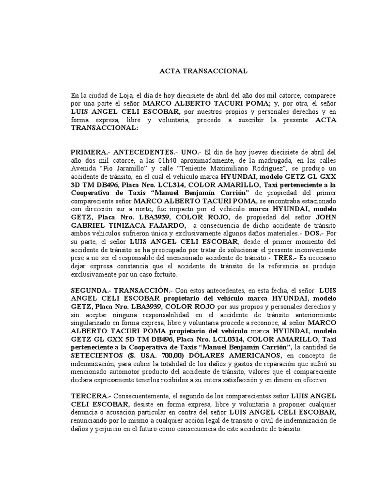 Acta Transaccional de Tránsito | PDF