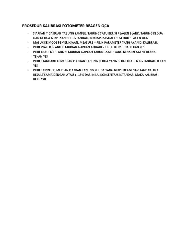 Prosedur Kalibrasi Fotometer Reagen Qca | PDF