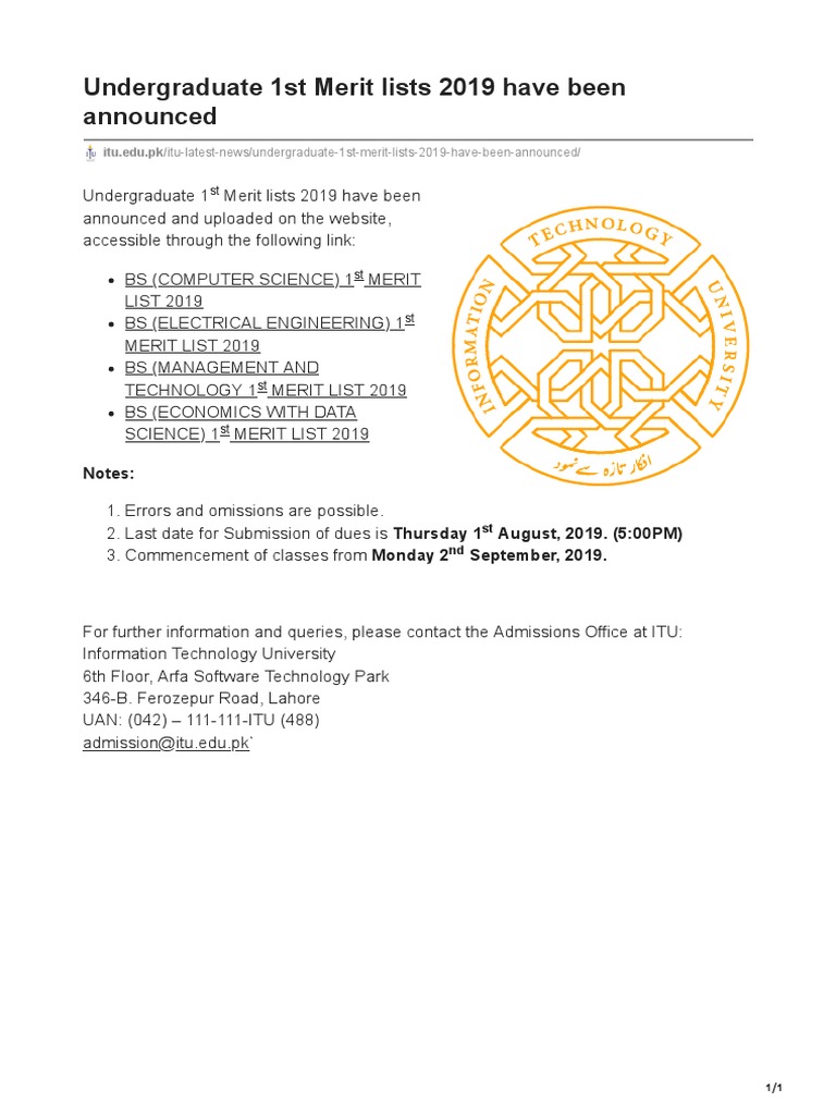 Itu - Edu.pk-Undergraduate 1st Merit Lists 2019 Have Been Announced | PDF