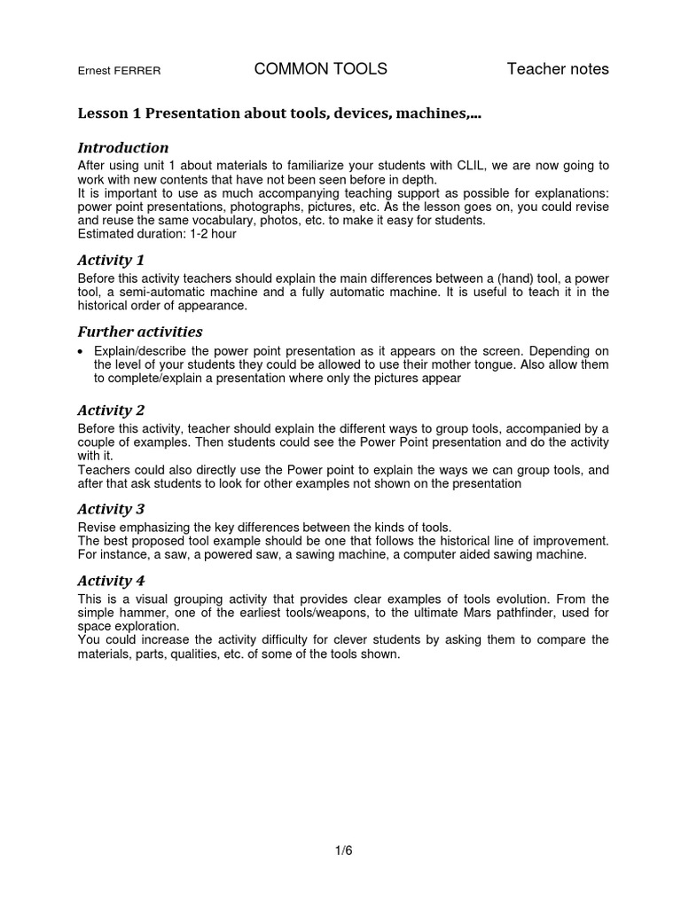 Tools. Teacher Notes | PDF