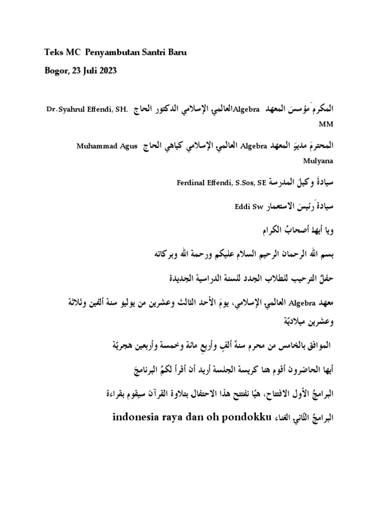 Teks MC Penyambutan Santri Bahasa Arab | PDF