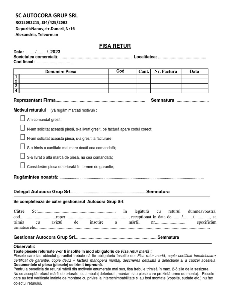 Fisa Retur Marfa | PDF