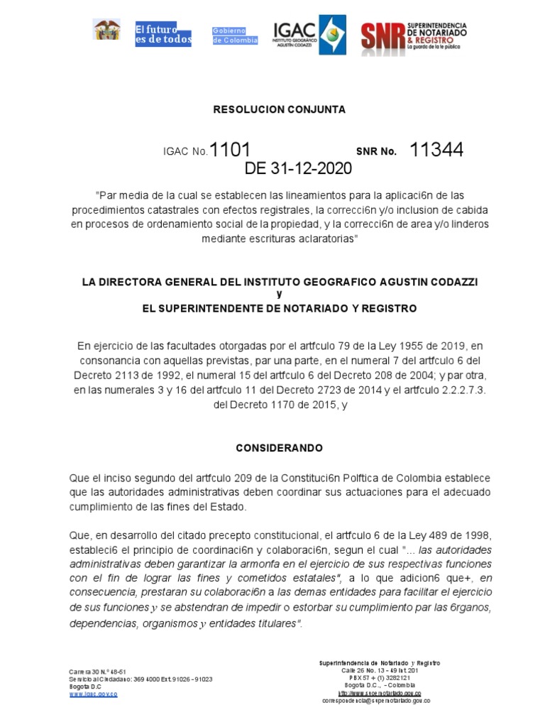 Resolucion Conjunta Igac 1101 SNR 11344 de 2020 | PDF