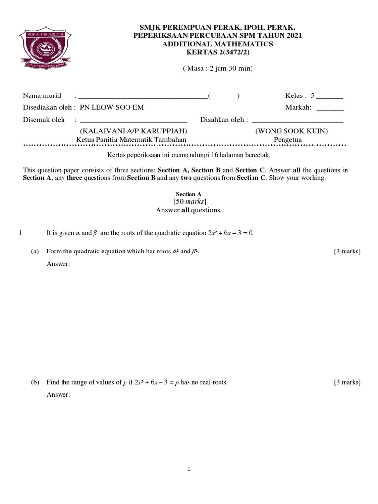 2021 Perak - SMJK - Perempuan Add - Math K2 (BI Only) | PDF