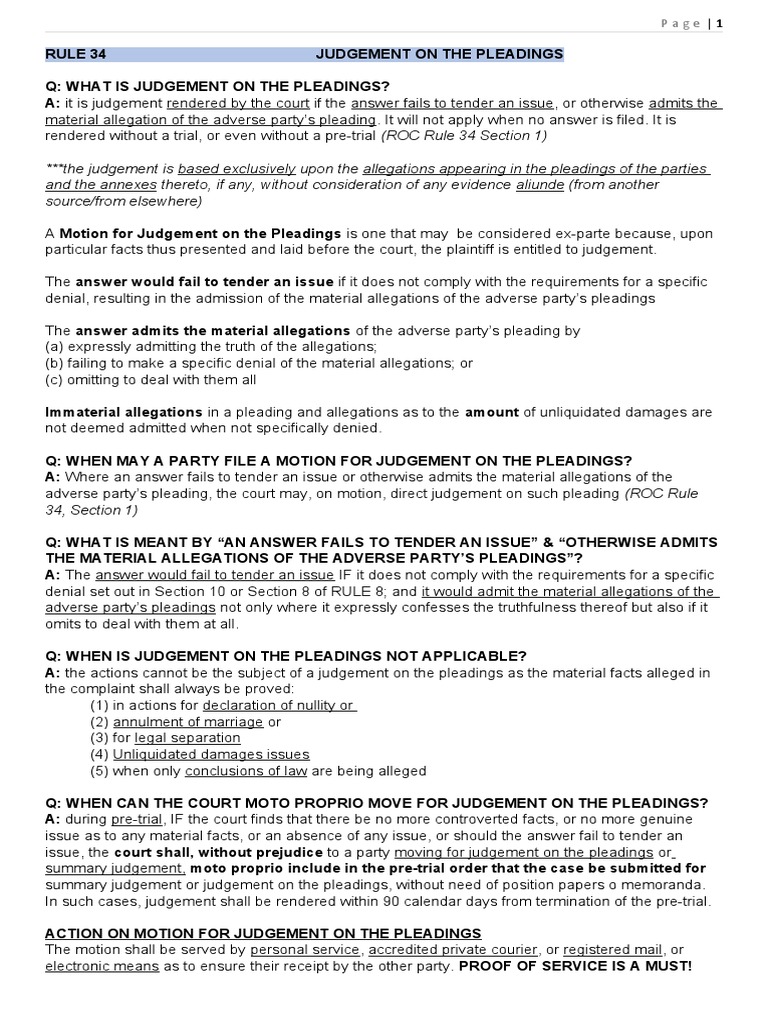 Judgement On The Pleadings Summary Judgments | PDF