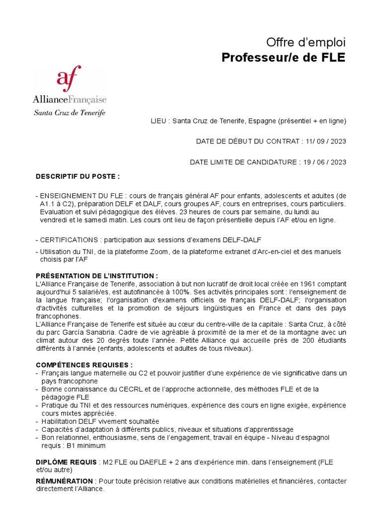 AF Tenerife Espagne Prof FLE | PDF