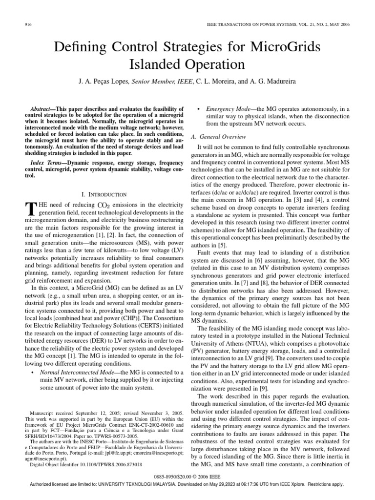 Defining Control Strategies For Microgrids Islanded Operation Pdf