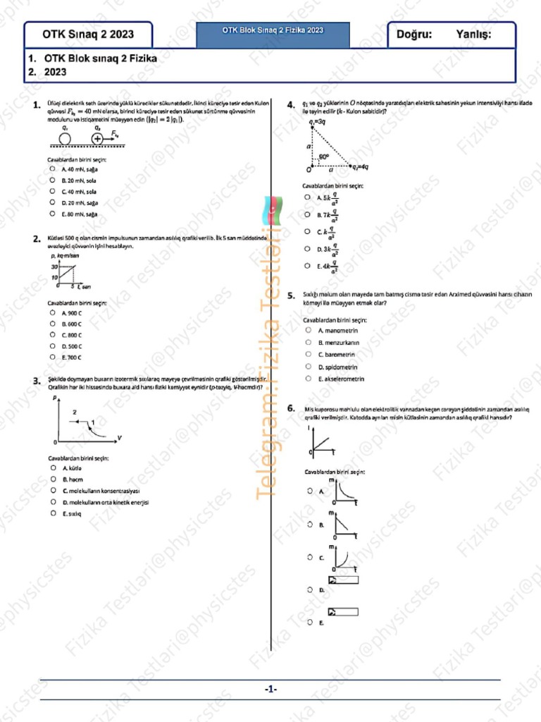 OTK Blok Sınaq 2 Fizika 2023 | PDF