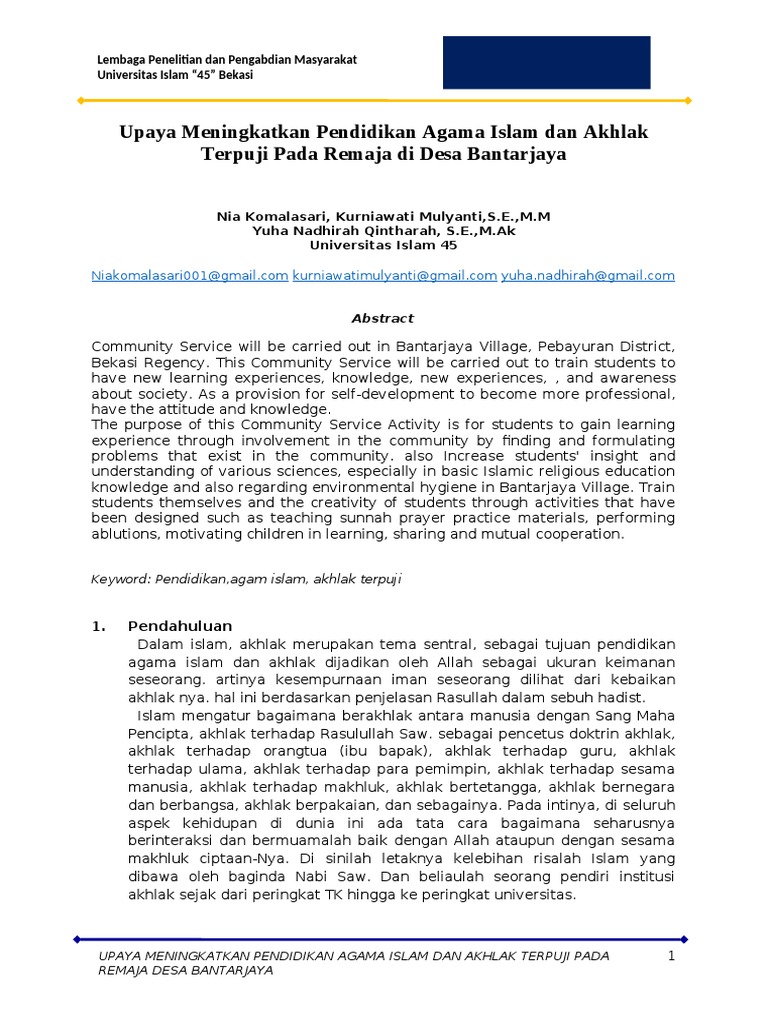 Upaya Meningkatkan Pendidikan Agama Islam Dan Akhlak Terpuji Pada Remaja Di Desa Bantarjaya | PDF