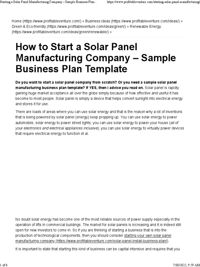 Starting A Solar Panel Manufacturing Company - Sample Business Plan ...