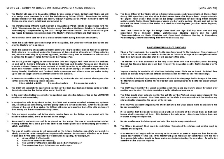 SFOPS 024 Bridge Watchkeeping Standing Orders | PDF