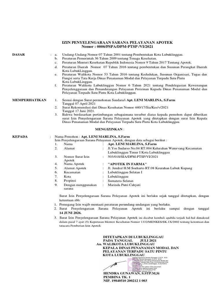 Izin Usaha Apotek Leni Farma | PDF