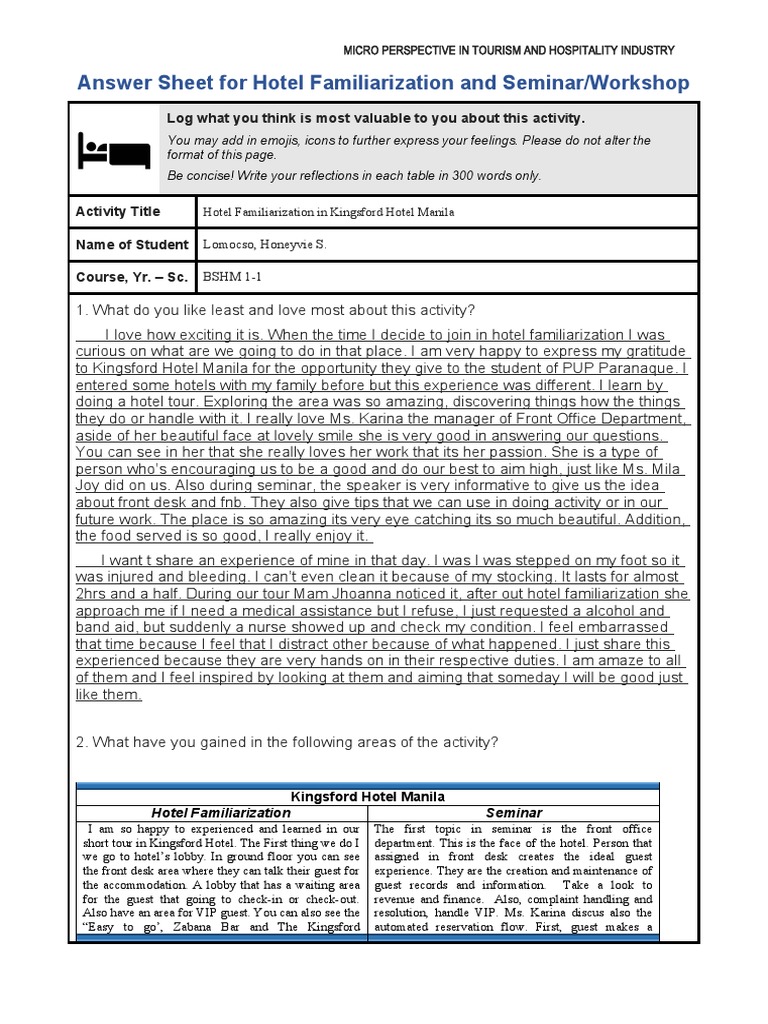 Hotel Familiarization Reflection | PDF