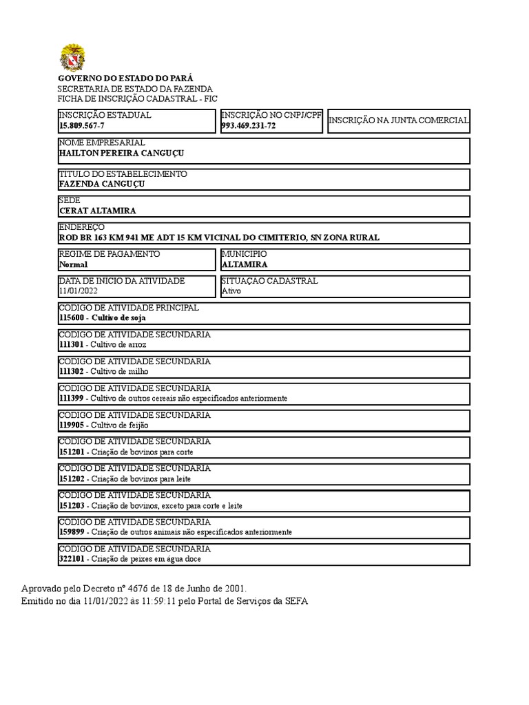 Https/app - Sefa.pa - Gov.br/consulta Fic/consultaByIE - Do 1 | PDF