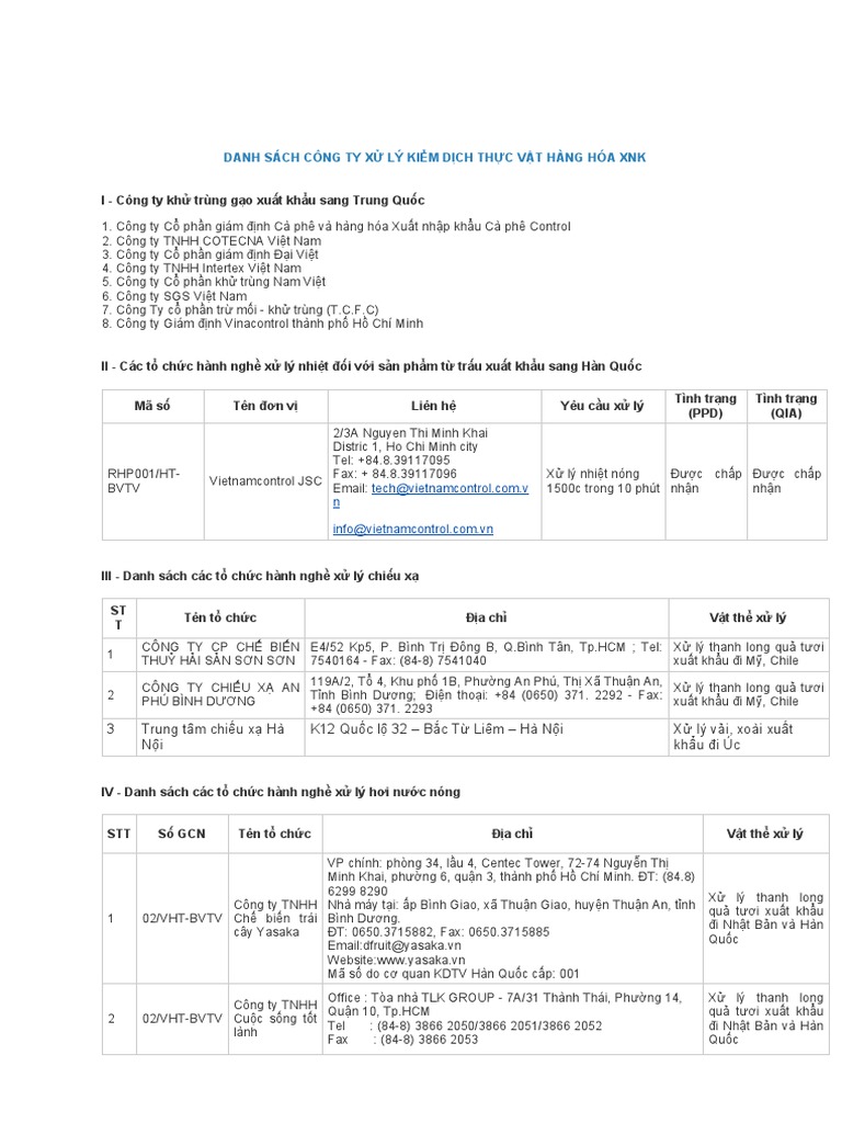 Danh sách Công ty xử lý kiểm dịch thực vật XNK | PDF