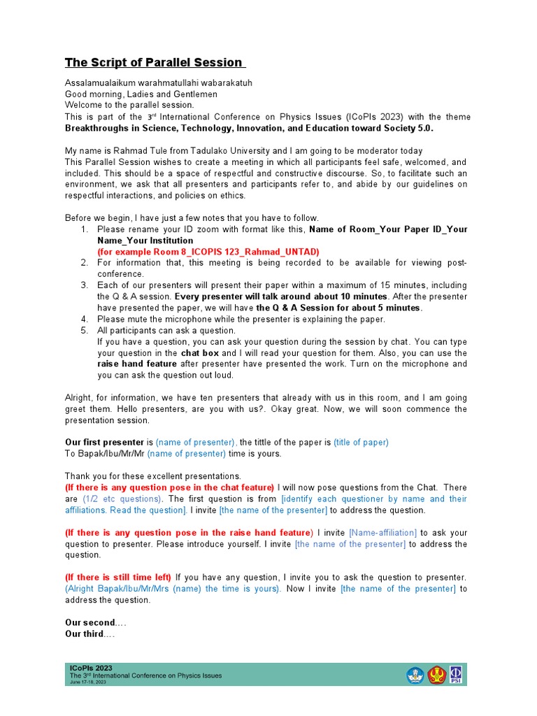 Revisi Script of Moderator - ICoPIs 2023 - Physics Edu - UNTAD | PDF ...