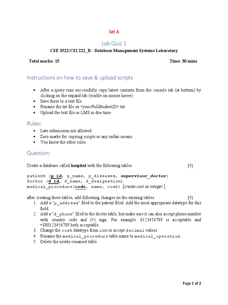 Lab - Quiz - 1 - Set - A - CSE 3522 - CSI 222 - DBMS - Lab - B - FGF | PDF
