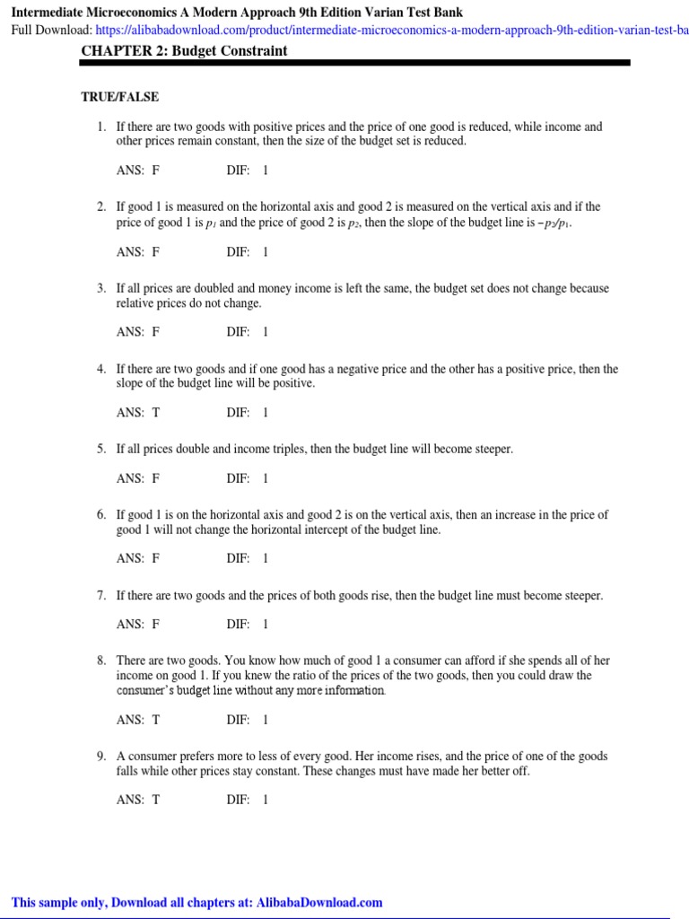 Intermediate Microeconomics A Modern Approach 9th Edition Varian Test ...