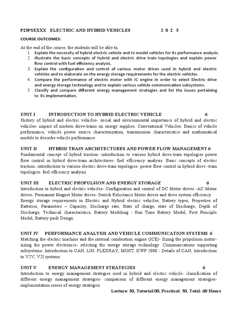 9electric and Hybrid Vehicles (Theory Integrated Lab) | PDF