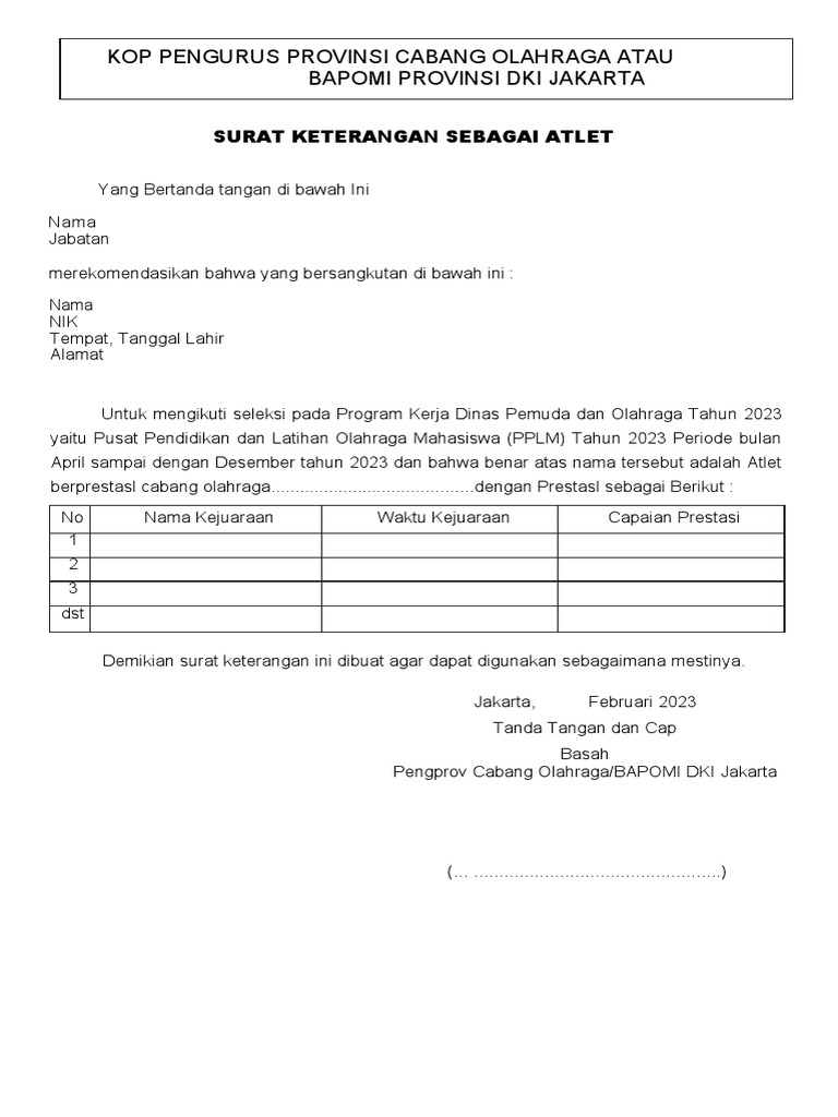 Surat Keterangan Atlet | PDF