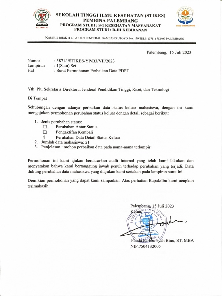 Surat Permohonan Perbaikan Data PDPT | PDF