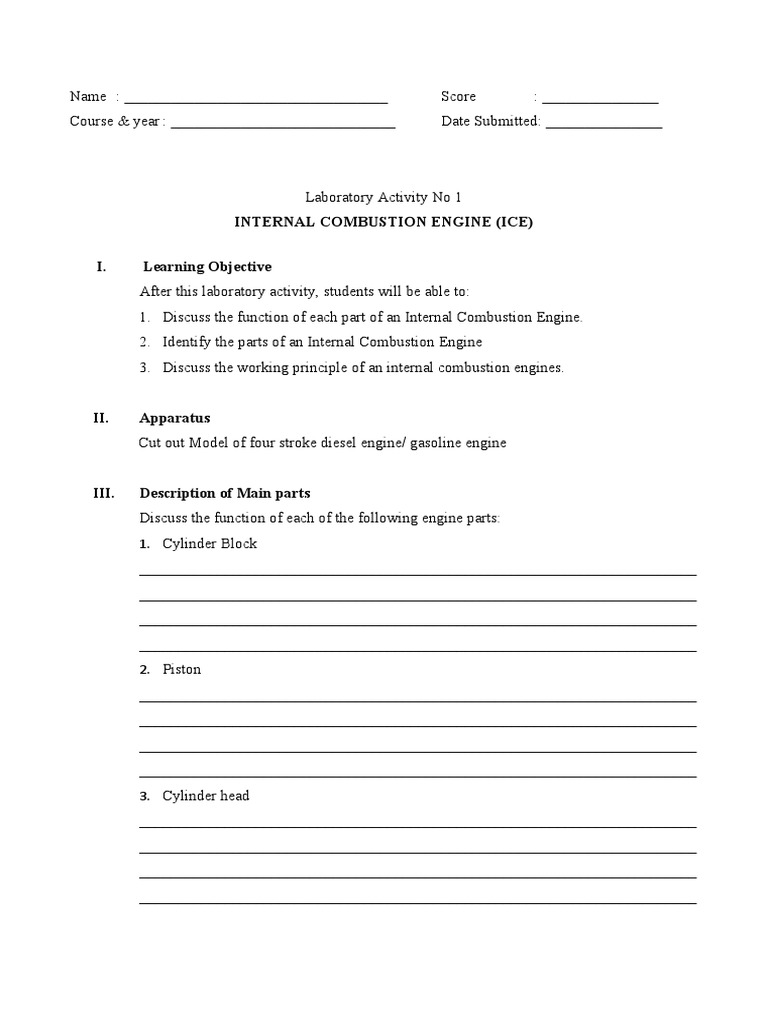 Laboratory Activity No 1 Internal Combustion Engine Ice Pdf