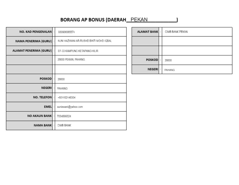 Borang Ap Bonus Daerah | PDF