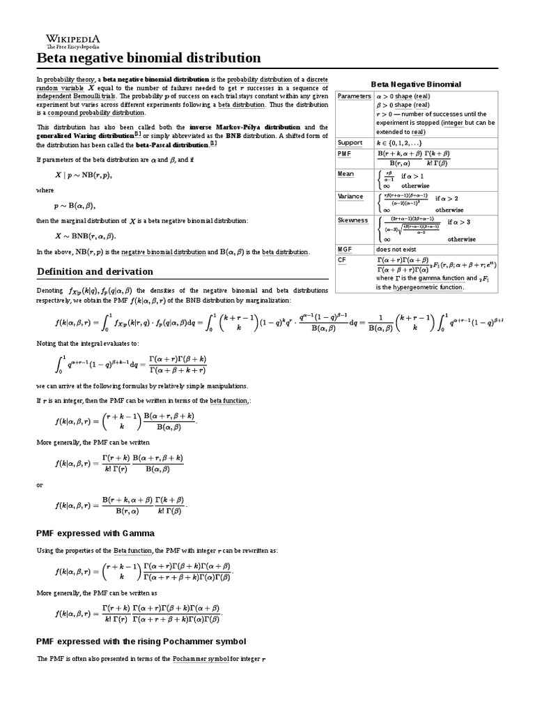 Beta Negative Binomial Distribution | PDF | Probability Distribution | Probability