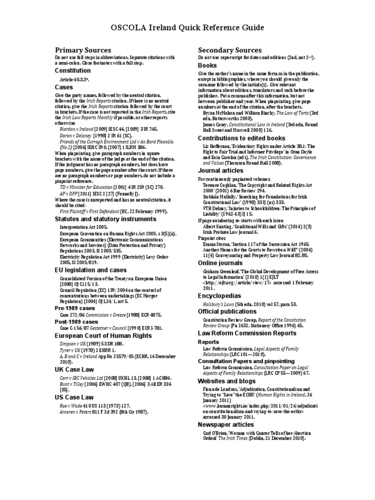 OSCOLA Ireland Quick Reference Guide | PDF