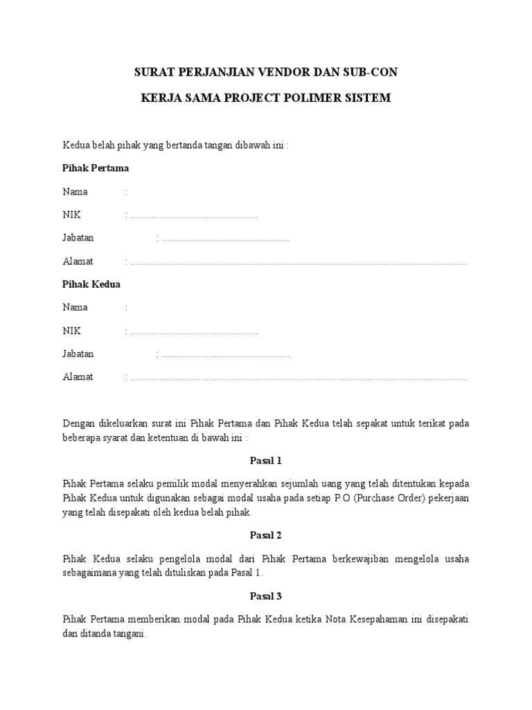 Surat Perjanjian Vendor Dan Subcon | PDF