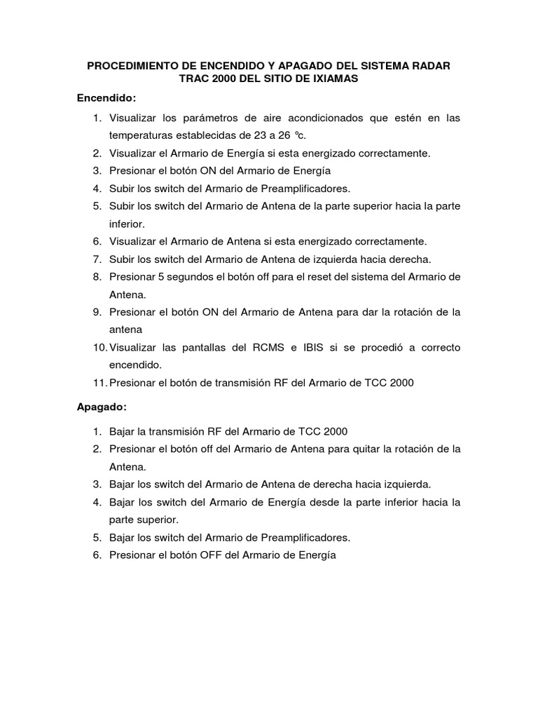 Procedimiento de Encendido y Apagado Del Sistema Radar Trac 2000 Del Sitio de Ixiamas | PDF