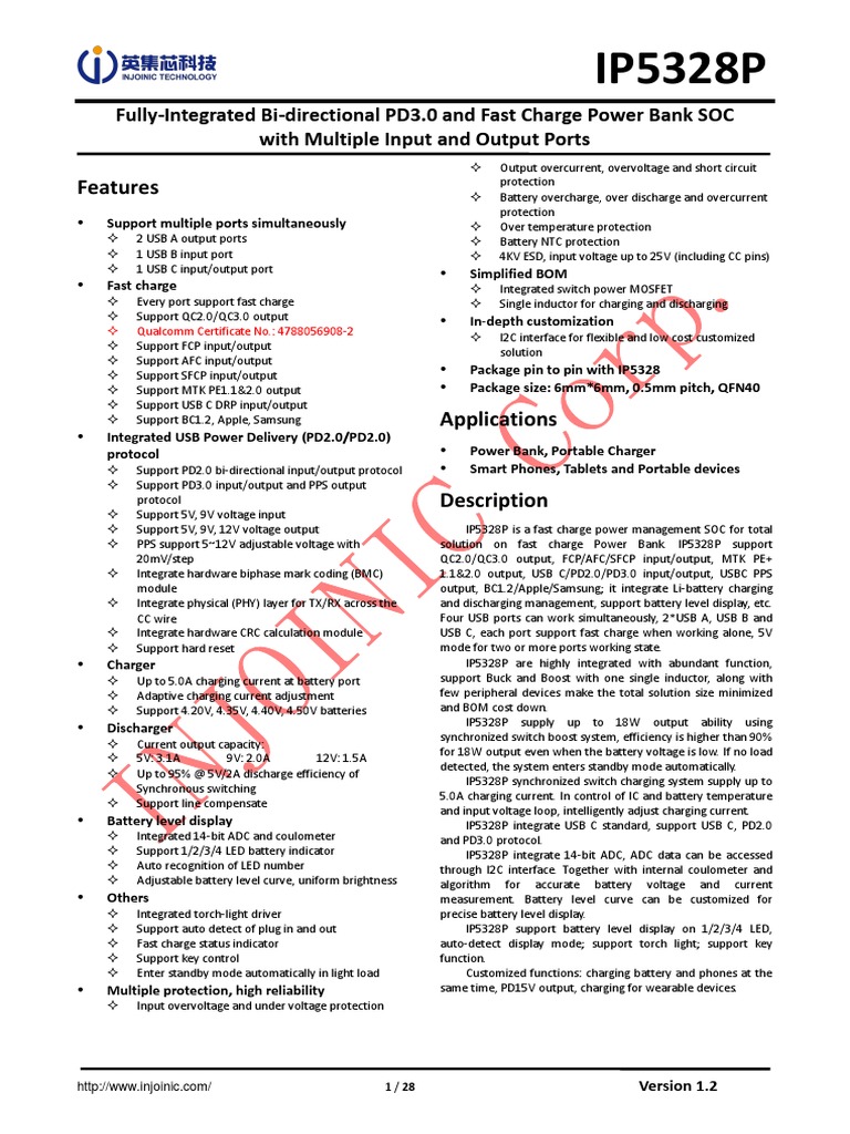 IP5328P Fully-Integrated Bi-Directional PD3.0 and Fast Charge Power Bank SOC With Multiple Input ...