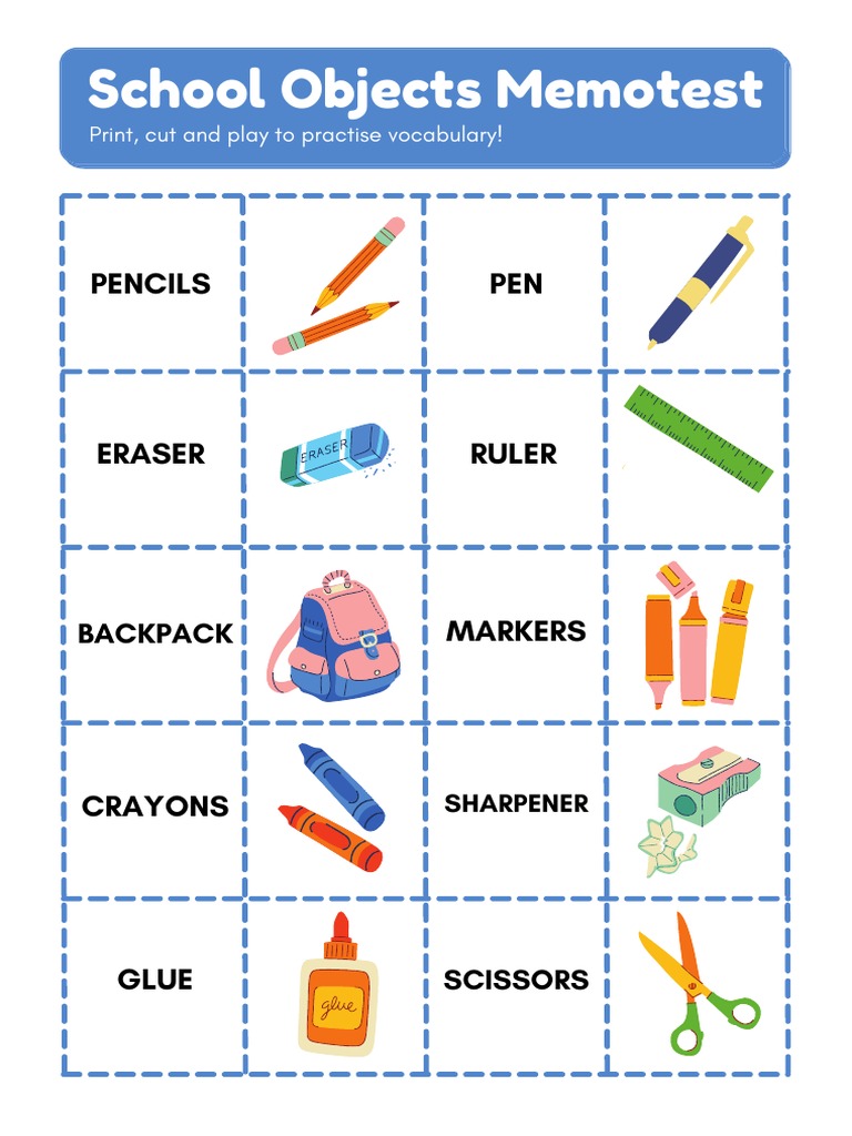 Printable School Objects Memotest Cards | PDF