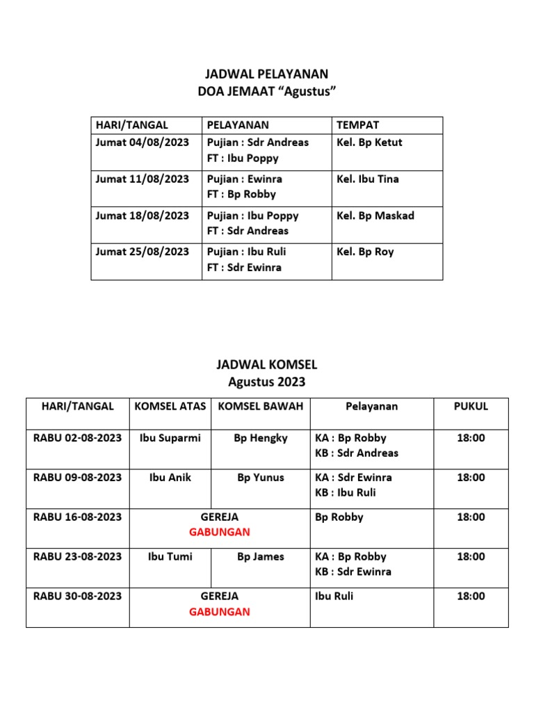 Jadwal Komsel Agustus 2023 | PDF