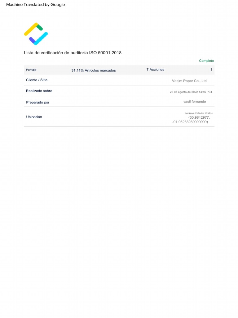 ISO 50001 Checklist Sample Report SafetyCulture - Esp | PDF ...