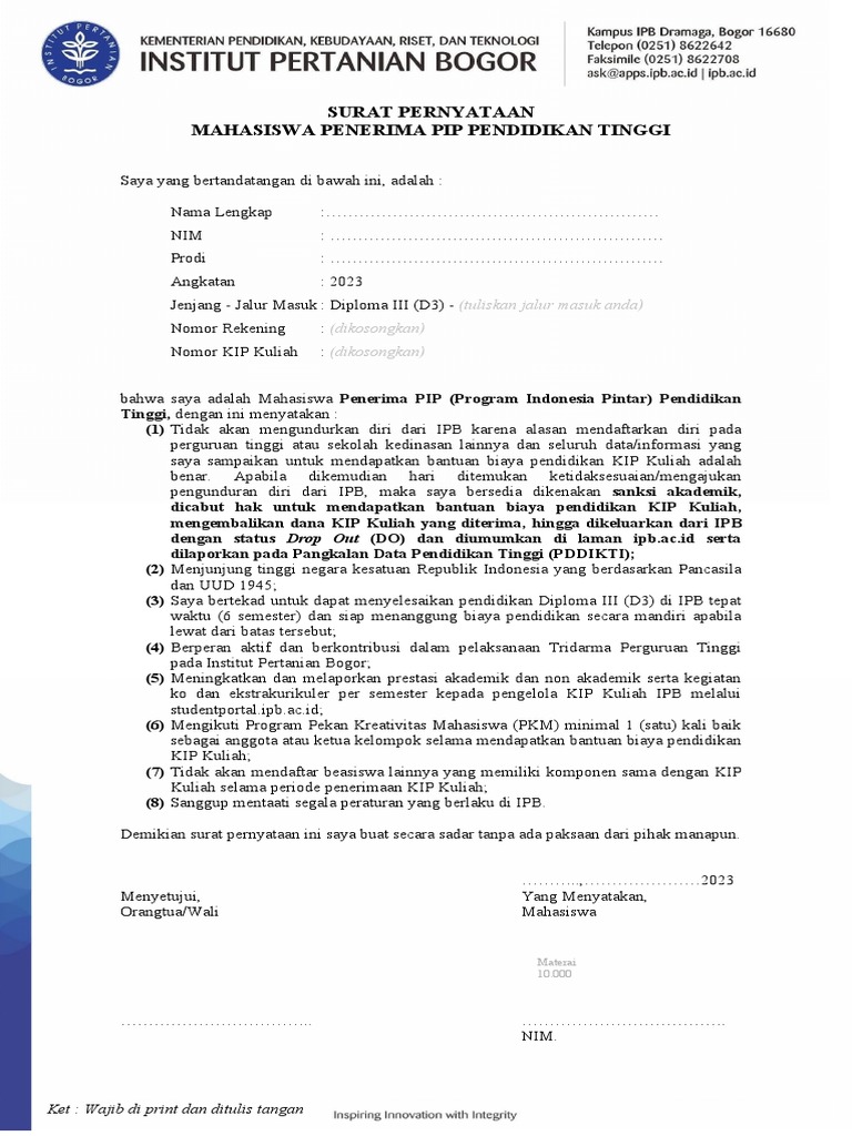 Surat Pernyataan Mahasiswa KIP Kuliah D3 IPB 2023 All Jalur | PDF